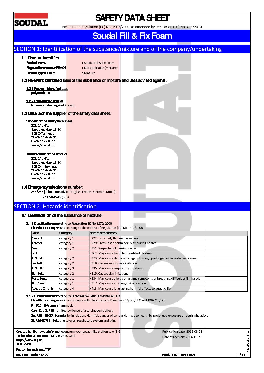 Soudal Fill & Fix Foam MSDS - 51803gb_ATP4_rev400 - PFE Technologies